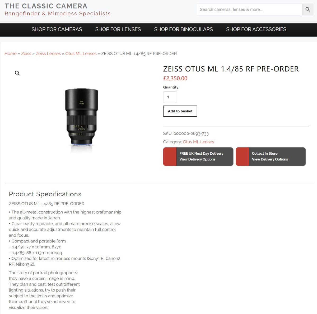 ZEISS Otus ML 50 f/1.4 and ML 85 f/1.4 Specifications - Canon Rumors